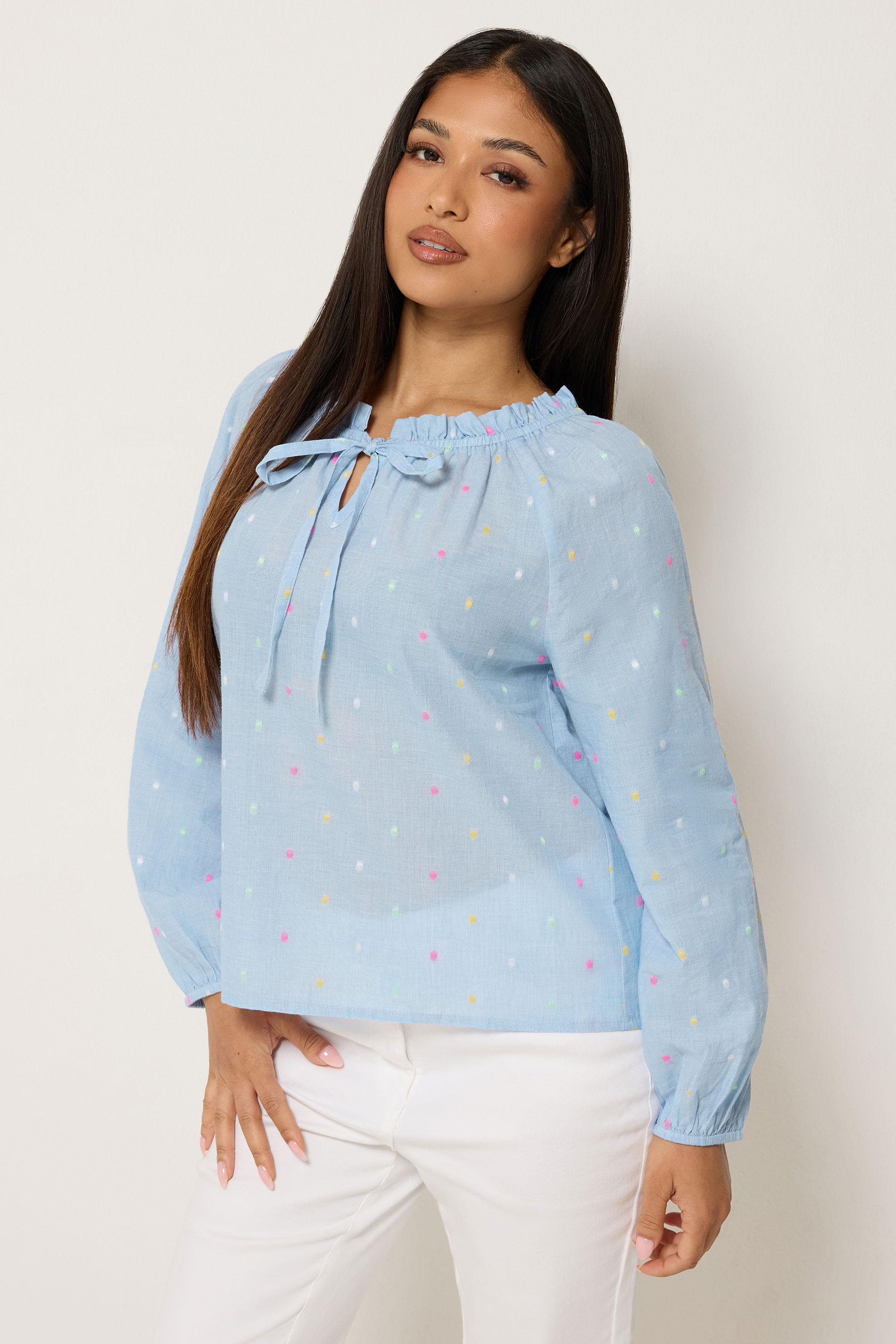 M&Co Petite Light Blue Dobby Tie Neck Blouse | M&Co