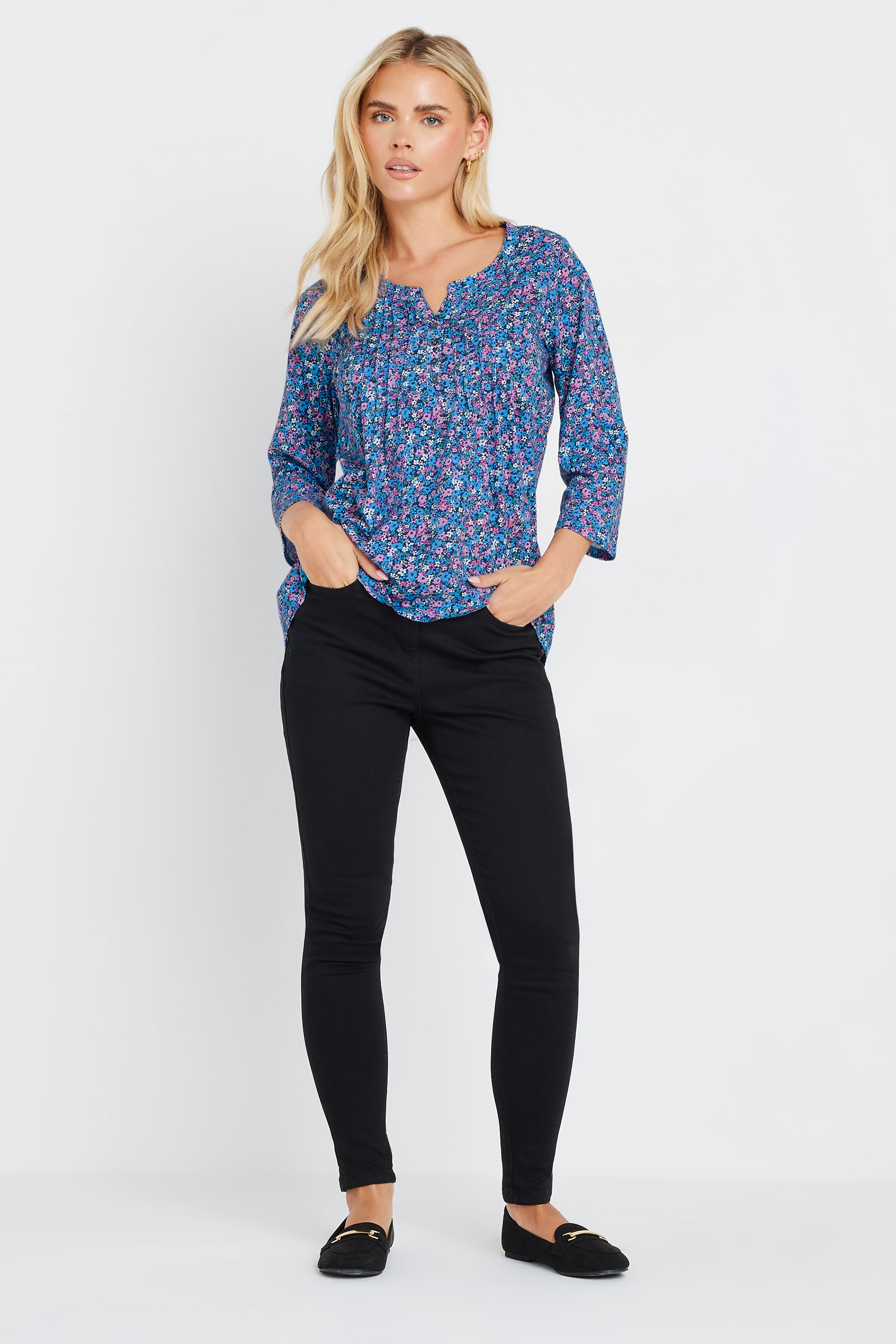 M&Co Petite Pink & Blue Floral Print Henley T-Shirt | M&Co