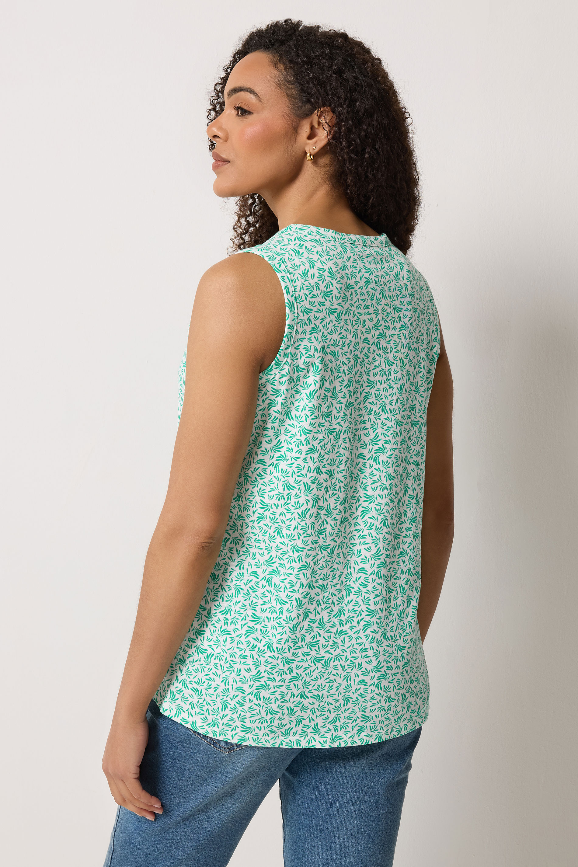 M&Co White & Green Leaf Print Cotton Sleeveless Henley Top | M&Co