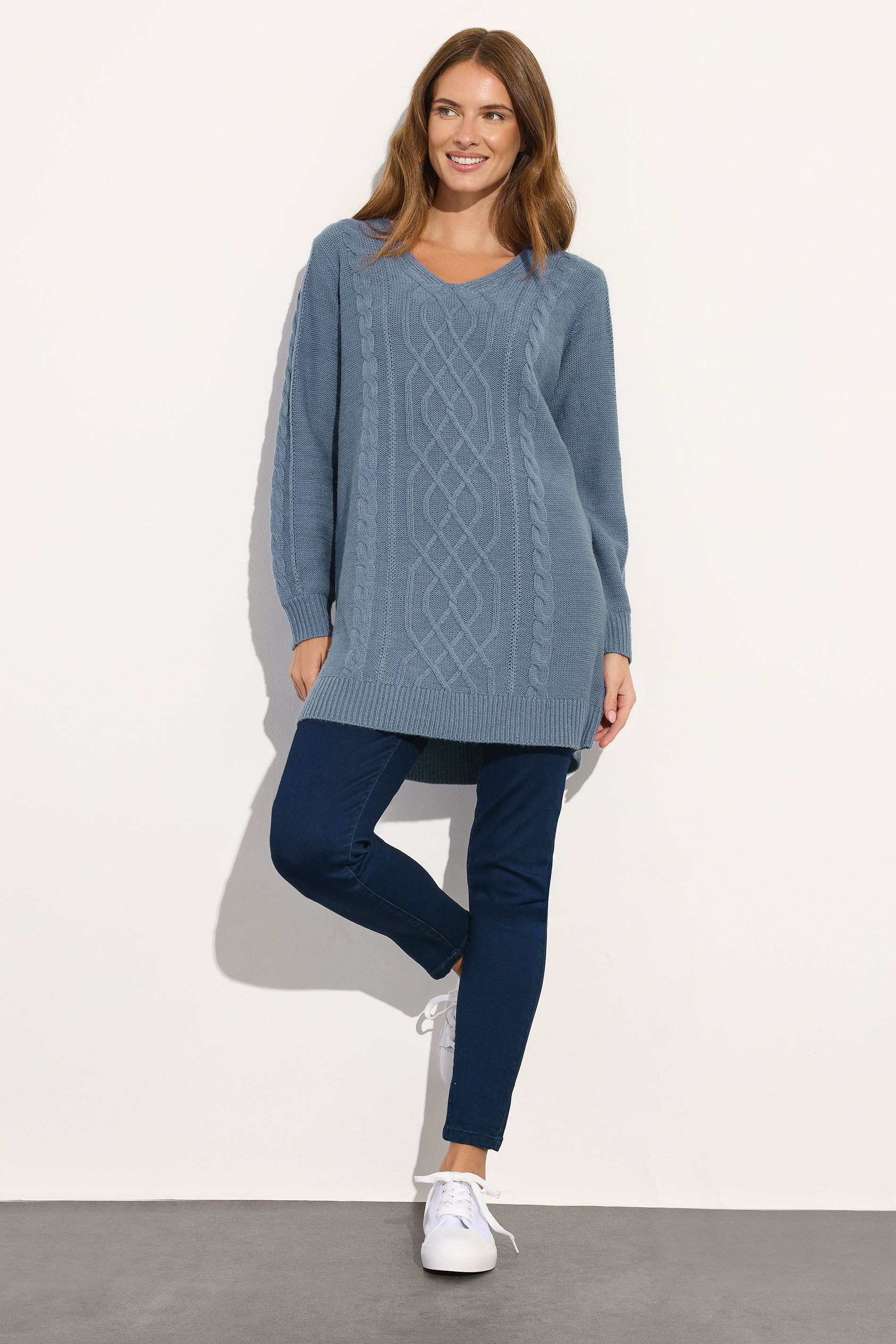 M&Co Blue V-Neck Cable Knit Tunic Jumper | M&Co