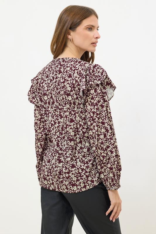M&Co Berry Purple Floral Print Tie Neck Blouse | M&Co