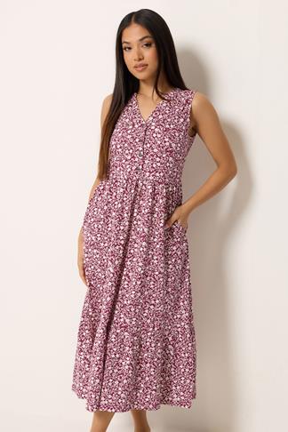 M&Co Petite Berry Red Floral Cotton Tiered Midi Dress | M&Co