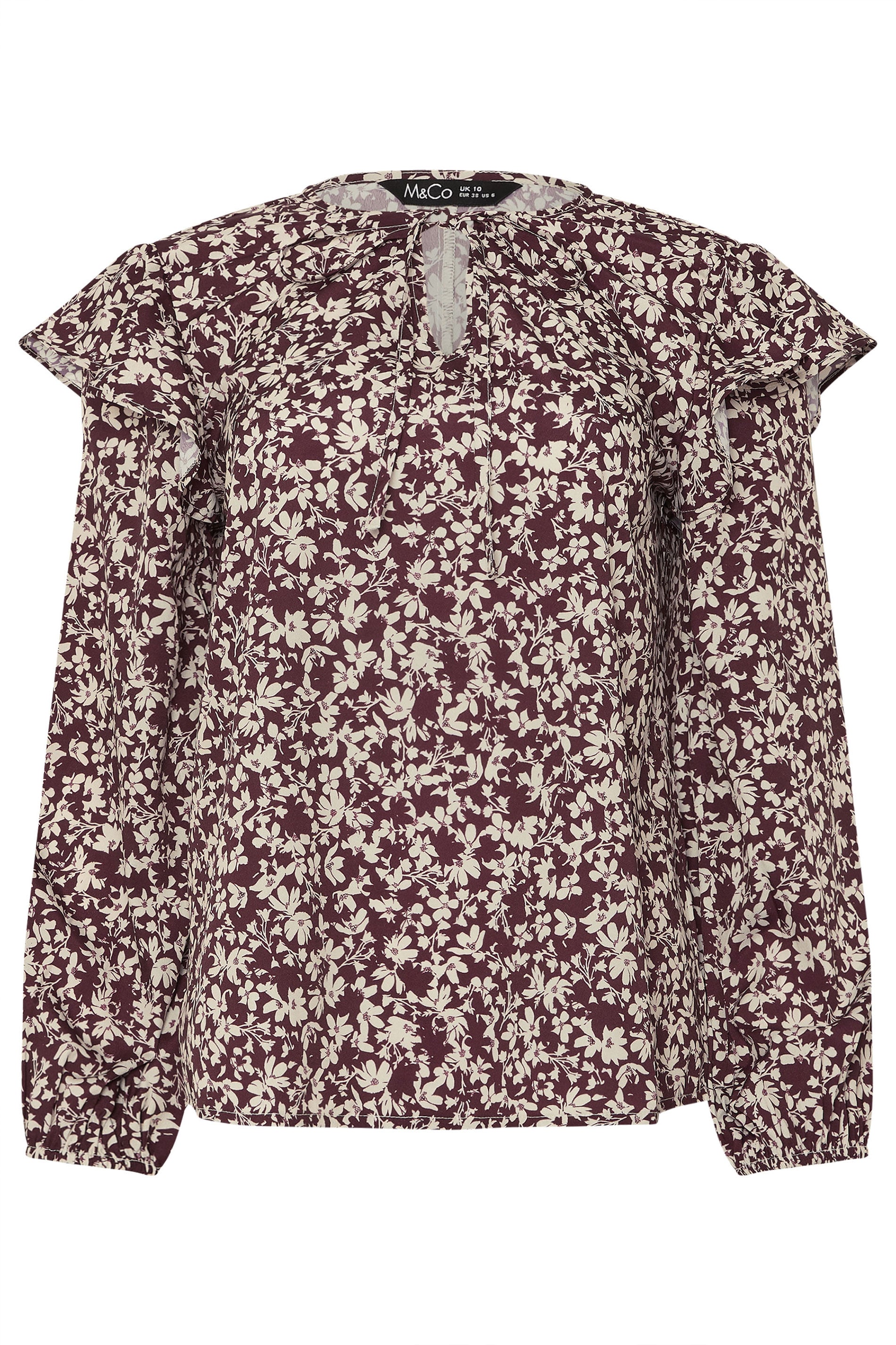 M&Co Berry Purple Floral Print Tie Neck Blouse | M&Co
